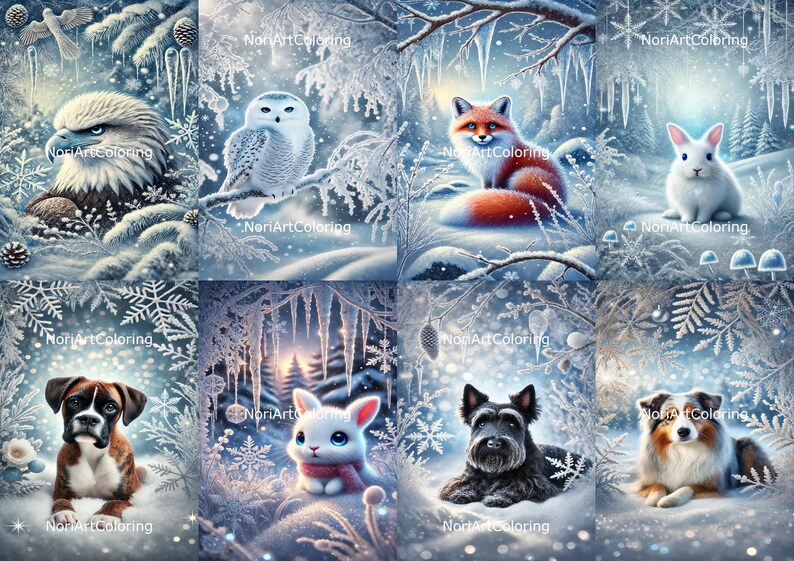 Cute Animals With Snowflakes Grayscale Coloring Pages | Christmas ...