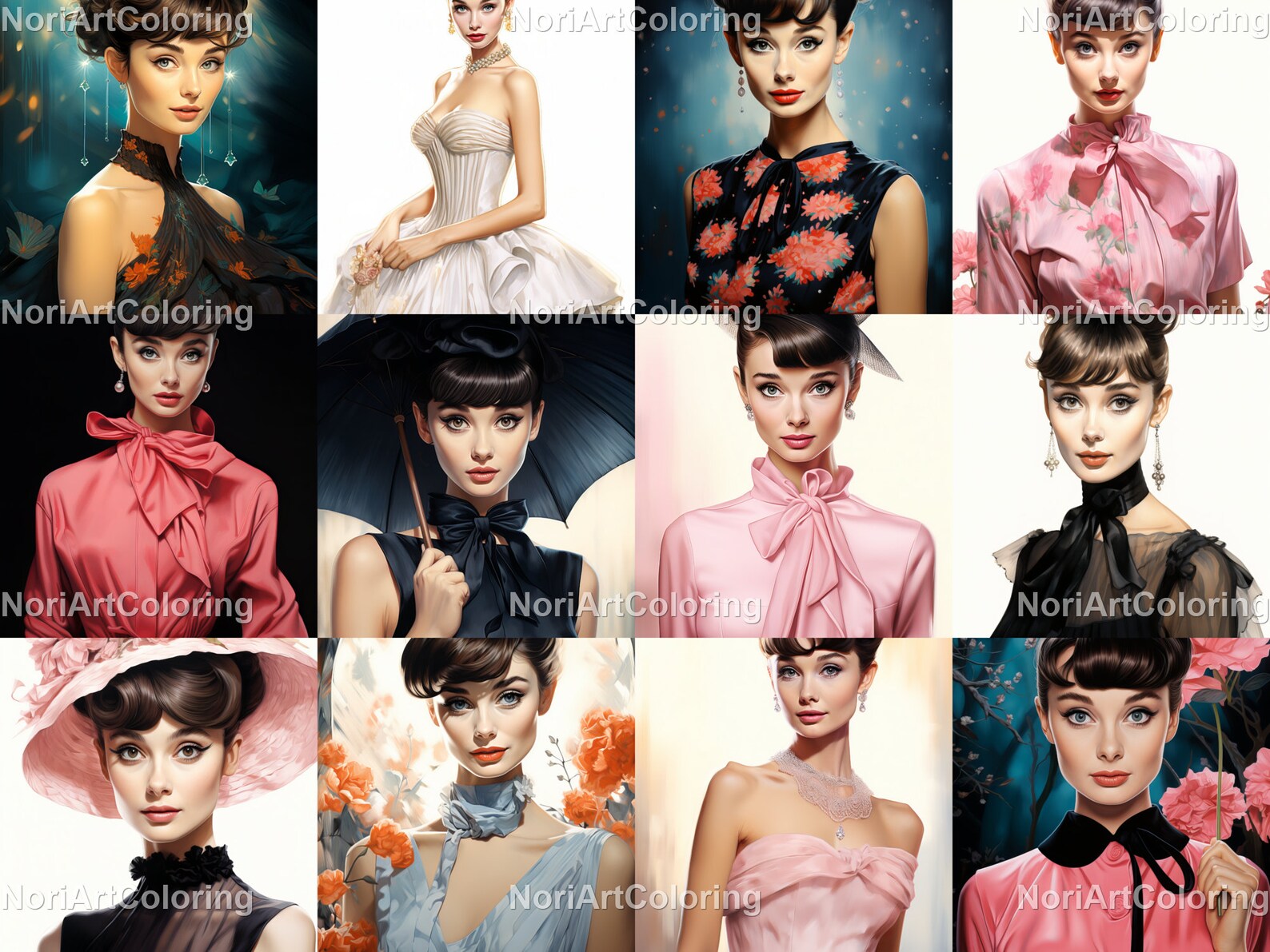 42 Audrey Hepburn Color Clipart & Grayscale Coloring Pages Set 2 ...