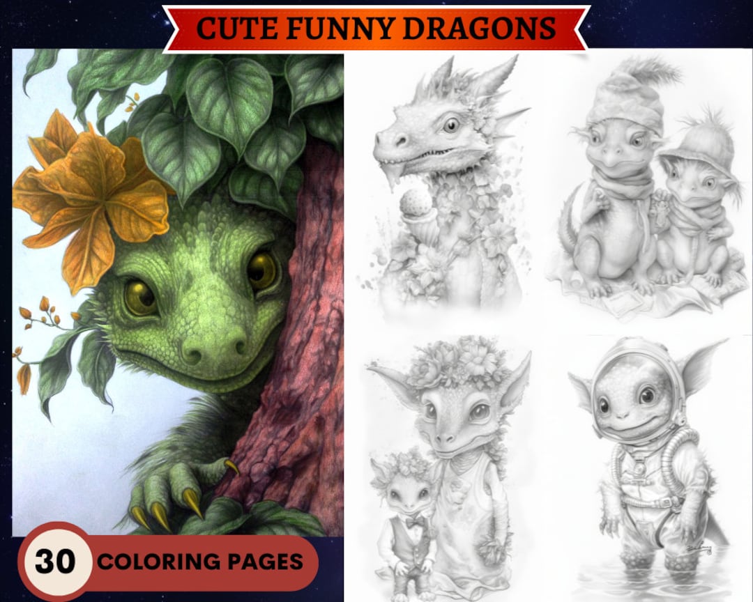 30 Funny Dragons Coloring Book Coloring Pages Adults and Kids Instant Download Grayscale ...