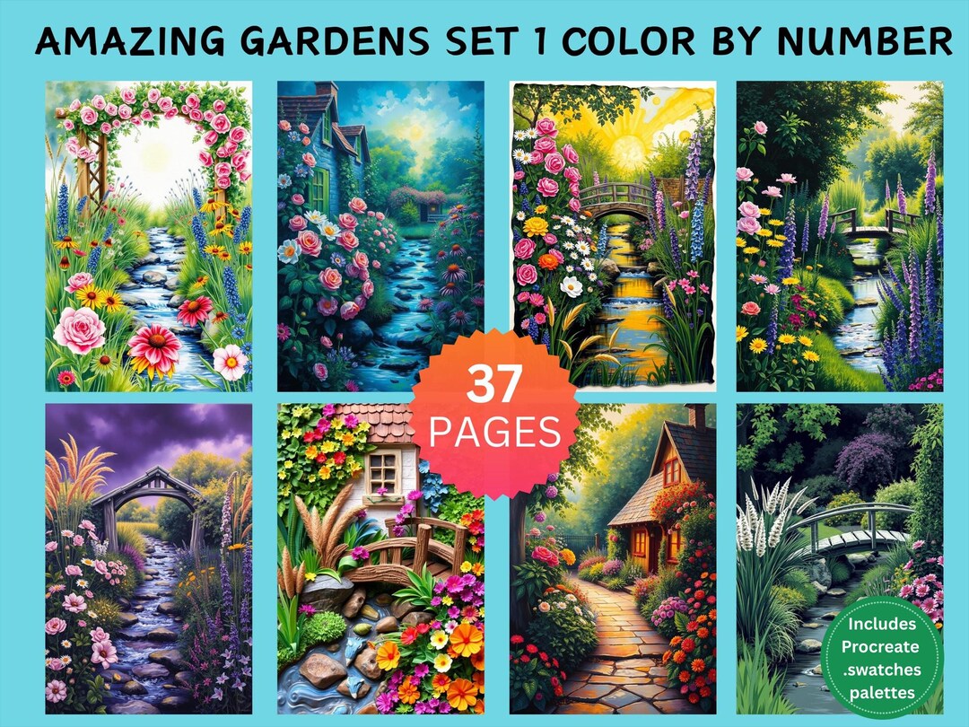 37 World's Amazing Gardens Set 1 Color by Number Pages, Digital ...