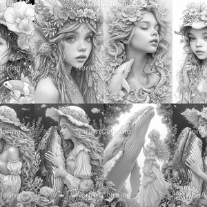 50 Mermaids Set 2 Grayscale Coloring Pages | Printable Adult Kids ...