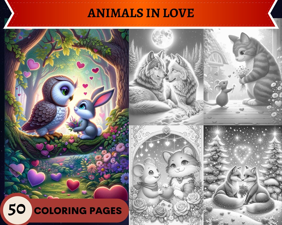 50 Animals in Love Valentine's Day Grayscale Coloring Pages | Cute ...