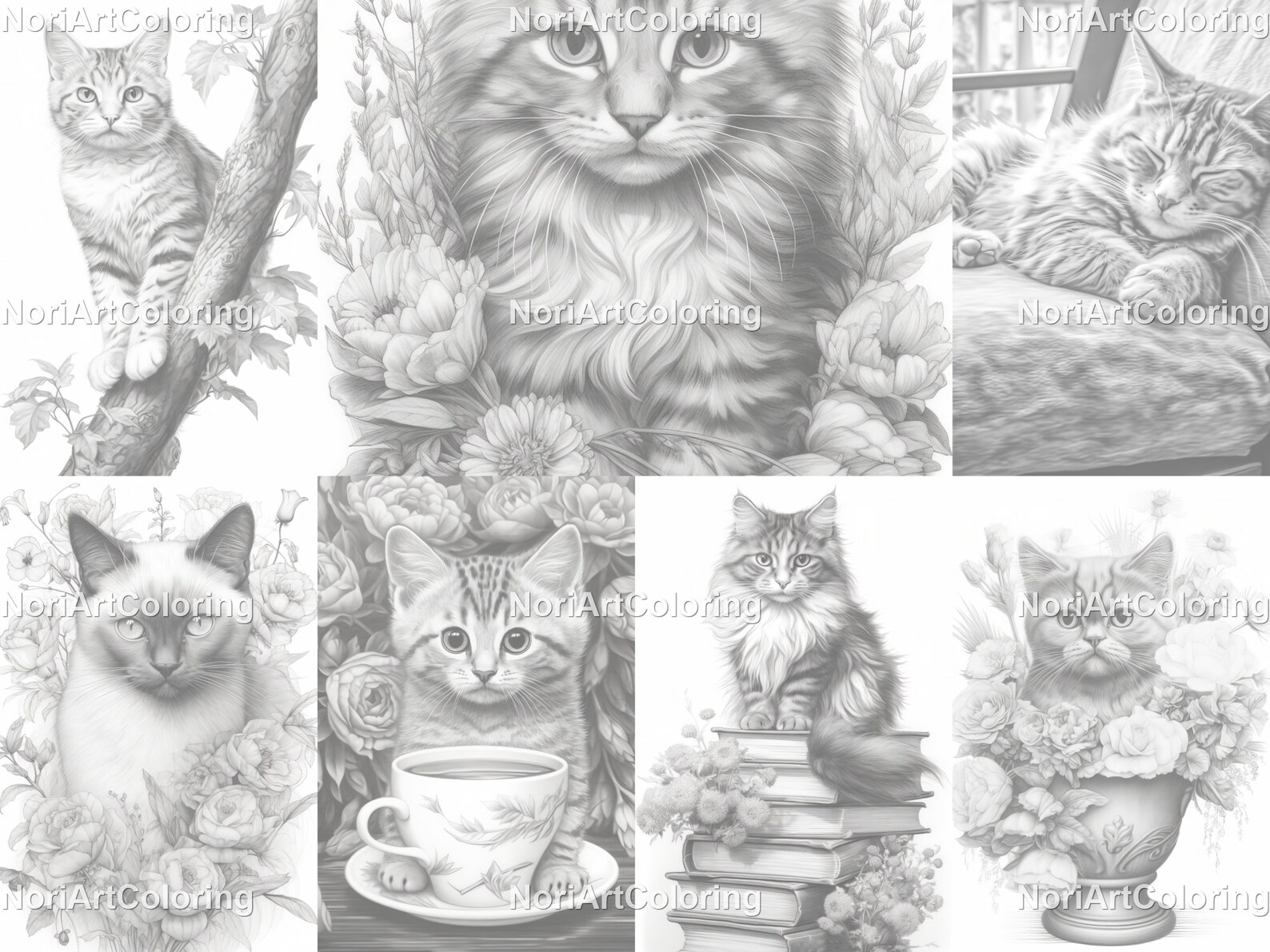 61 Cats Different Breeds |grayscale Coloring Pages | Printable Adult ...