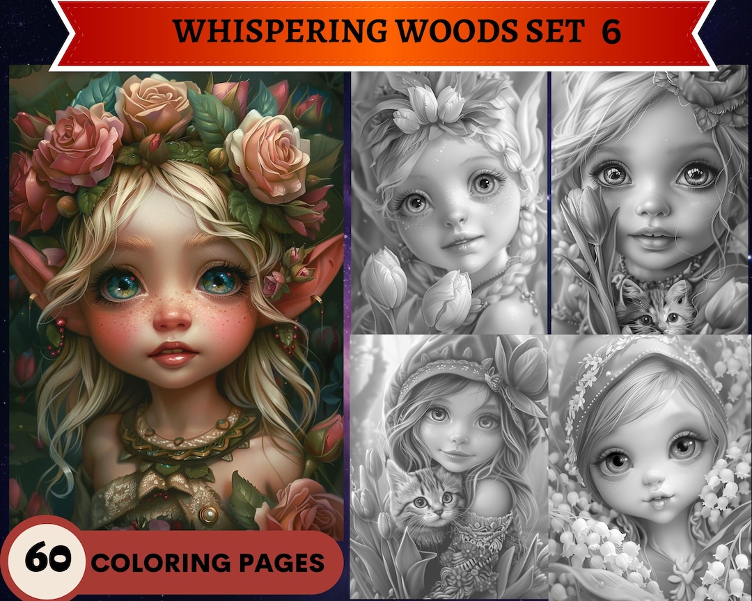 60 Whispering Woods Set 6: Elves and Enchanted Beings Coloring Pages ...