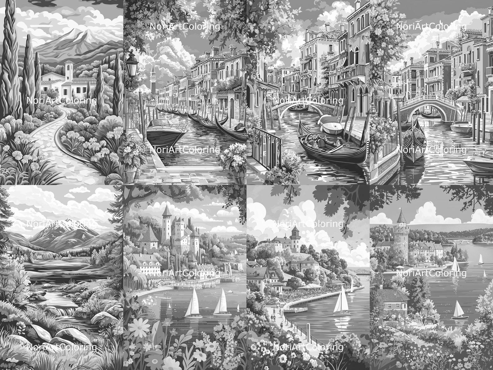 58 Travel Paintings Grayscale Adults Coloring Pages | Landscapes ...