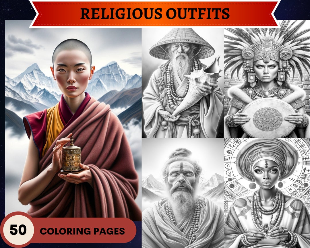 50 Religious Outfits Grayscale Coloring Pages | Religions | Printable ...