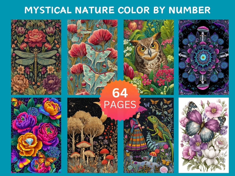 64 Mystical Nature Color by Number Pages, Digital Coloring Pages, Paint ...