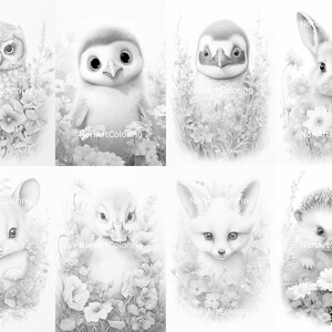 150 Cute Baby Animals With Flowers Grayscale Coloring Pages | Printable ...