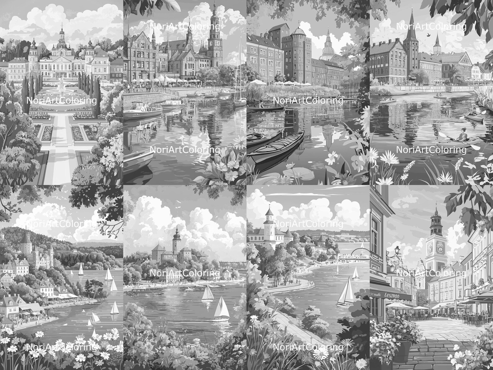 58 Travel Posters Grayscale Adults Coloring Pages | Landscapes ...