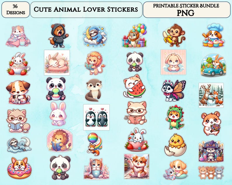 Animal Stickers, Kawaii PNG Clipart (digital Download) - Etsy