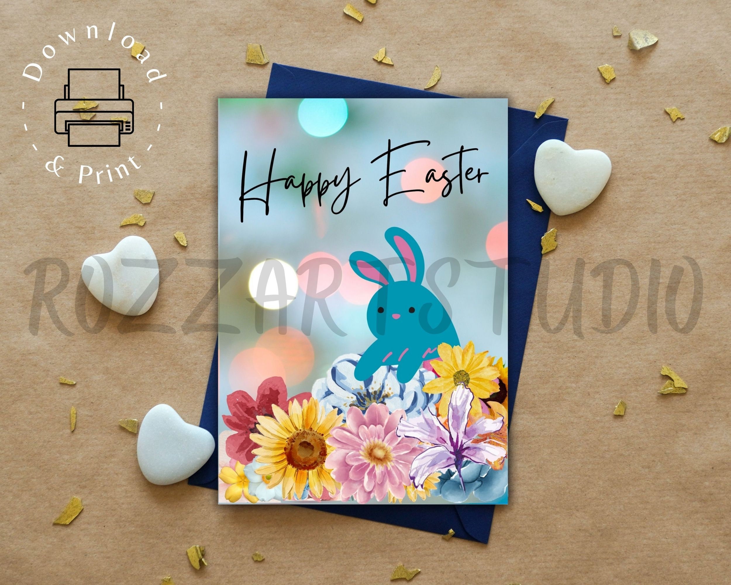 Easter Bunny Greeting Cards, Printable Floral Designs - Etsy