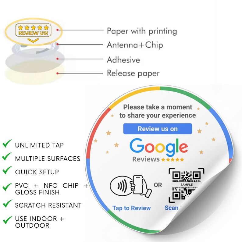 Social Review Tap Sticker Review QR Code Contactless Review Sticker ...