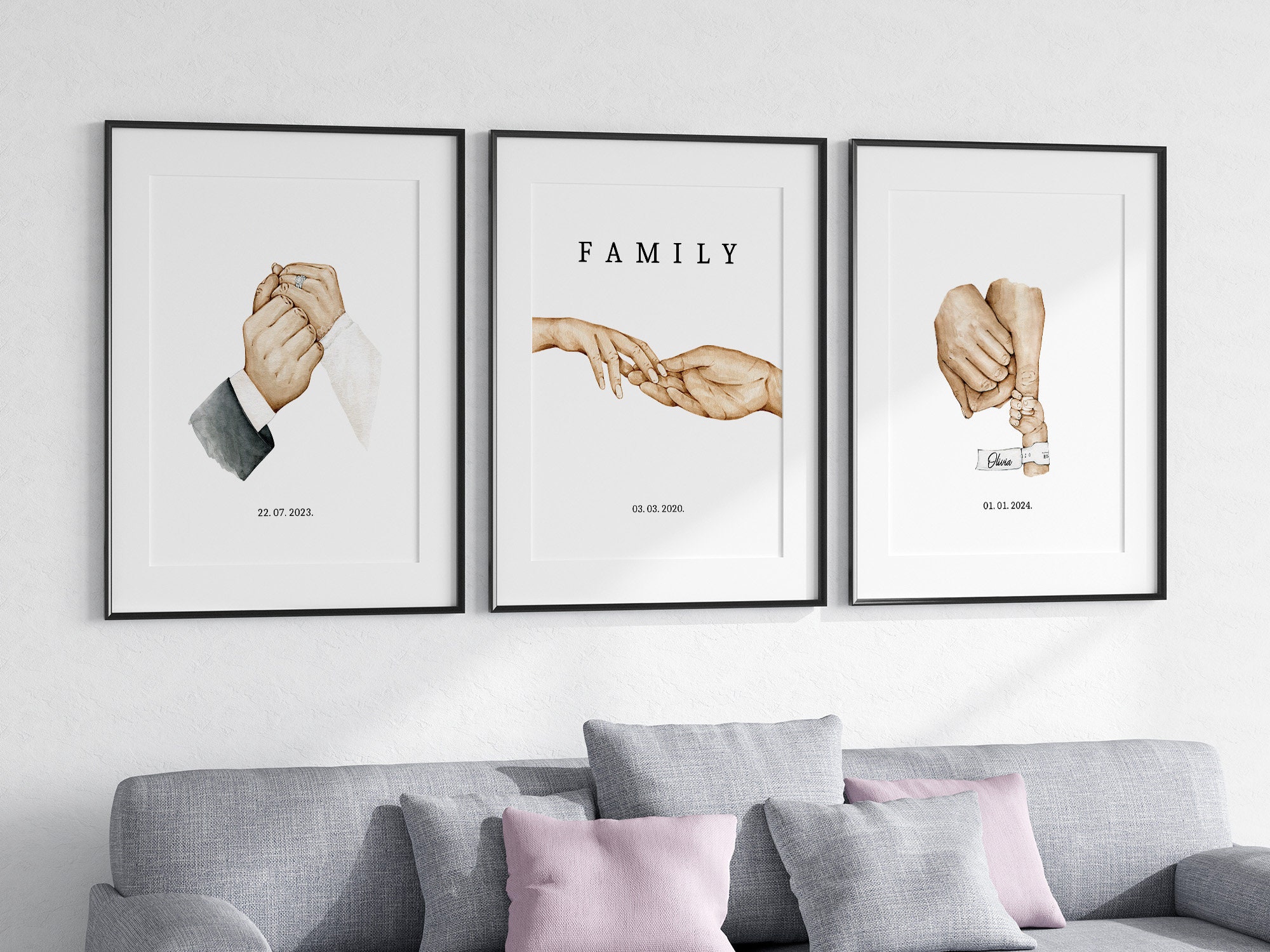 Personalized Family Hands Date Millstones Wall Art Set of 3 Custom Date ...