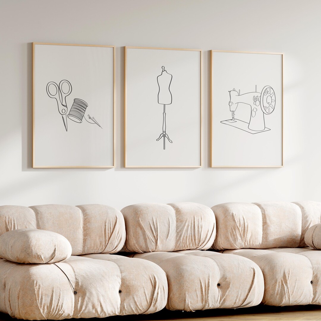 Set of 3 Sewing Accessories Line Art Prints I Sewing Machine Room Decor ...