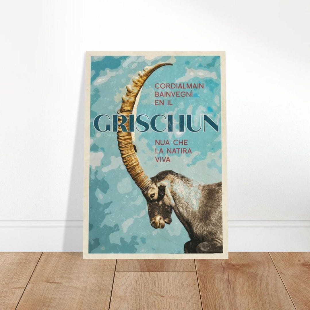 Poster Switzerland – Vintage Poster Featuring a Majestic Ibex, Perfect ...