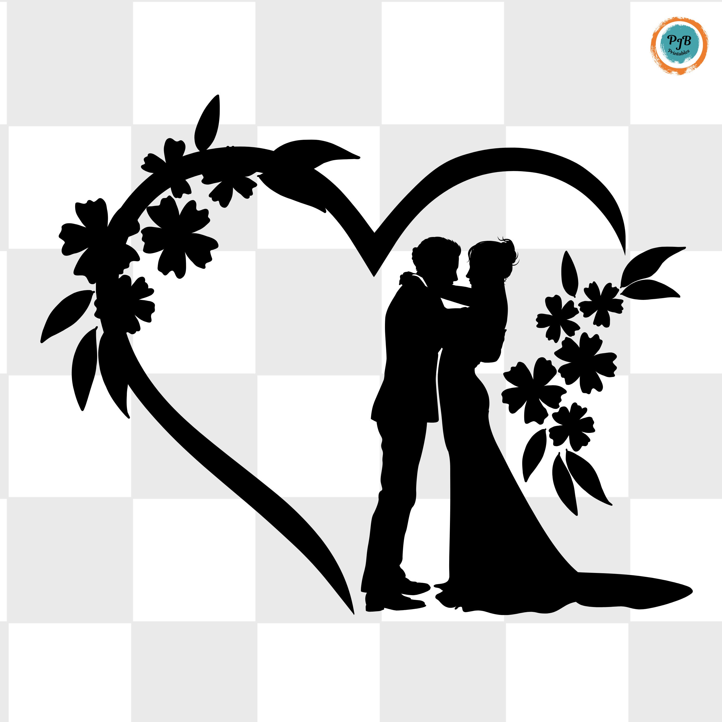 Wedding Couple Silhouette SVG Heart Flower PNG Cricut Wedding Heart Svg ...