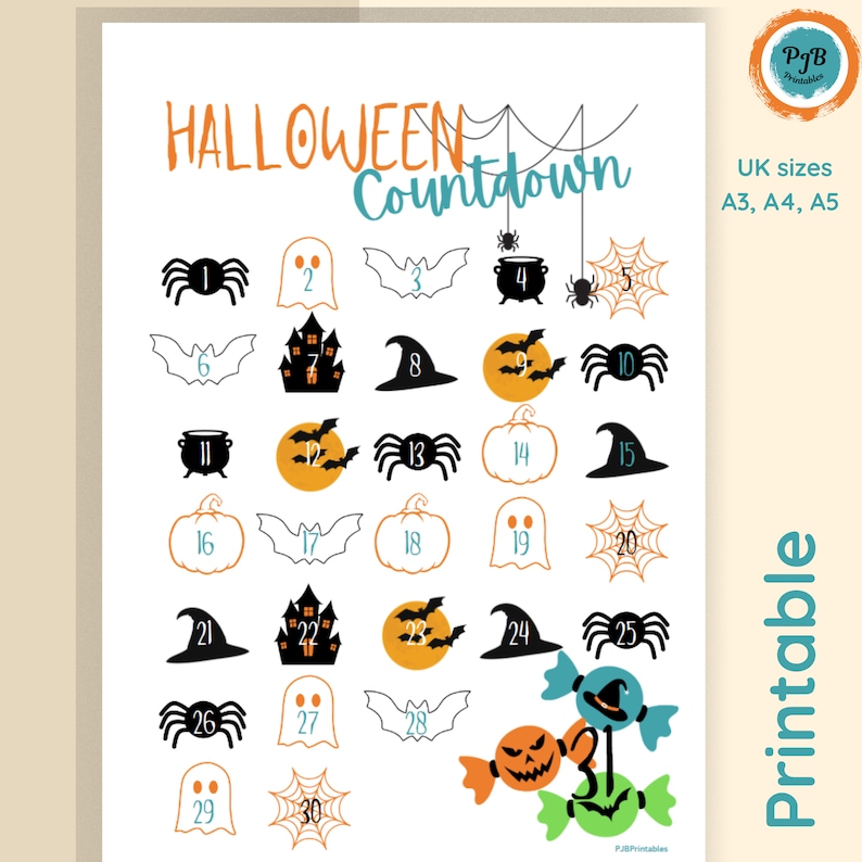 Halloween Countdown Printable Calendar October Halloween Digital ...
