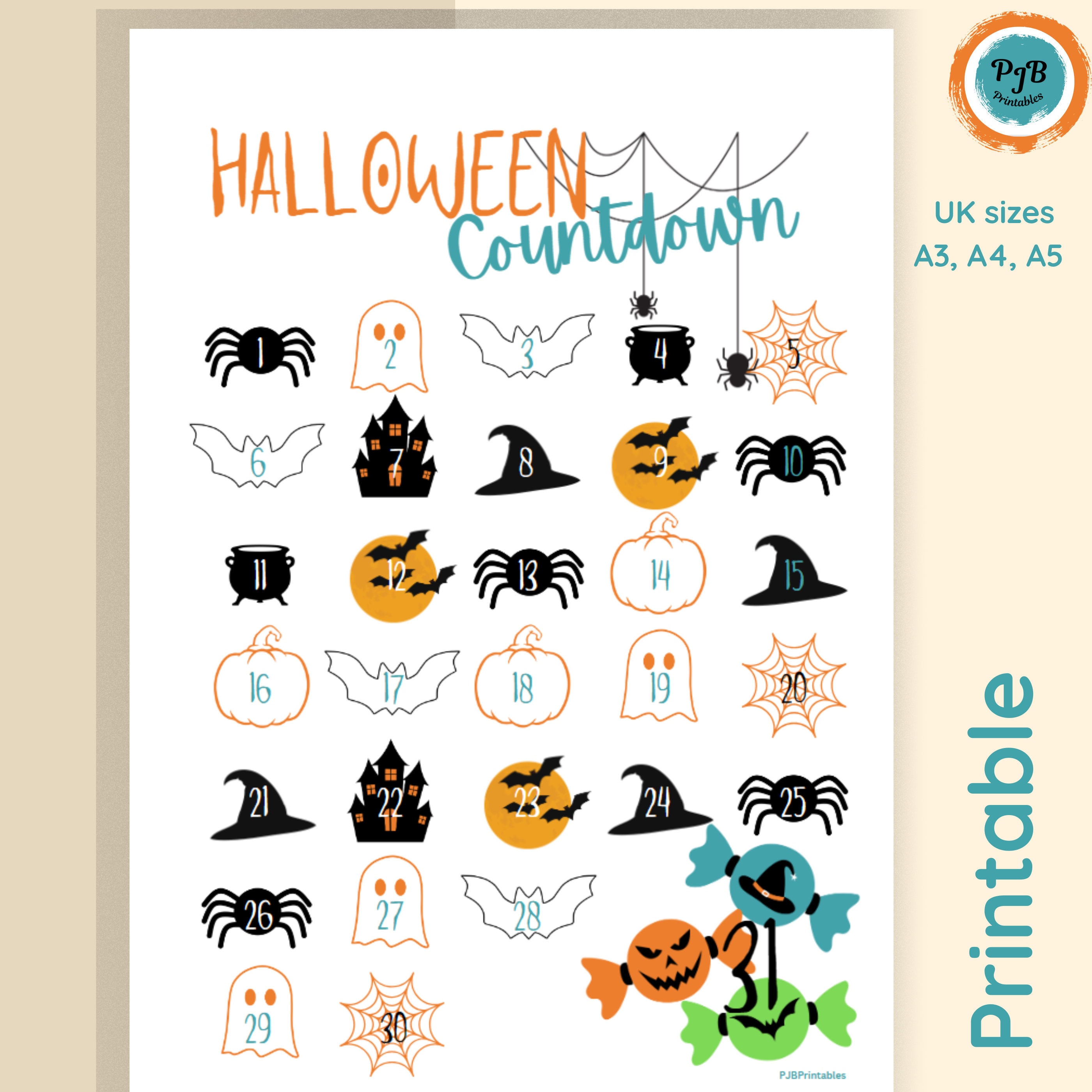 Halloween Countdown Printable Calendar October Halloween Digital ...