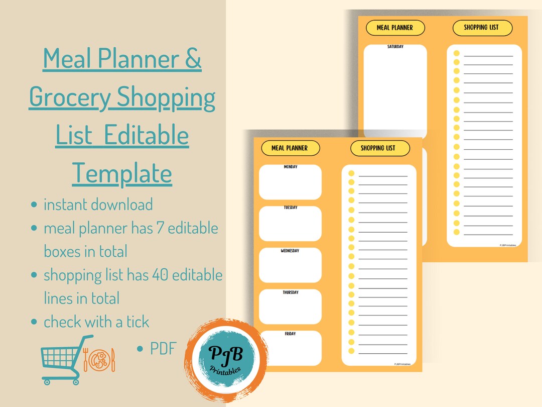 Grocery List Meal Planner Editable Weekly Meal Planner Printable ...