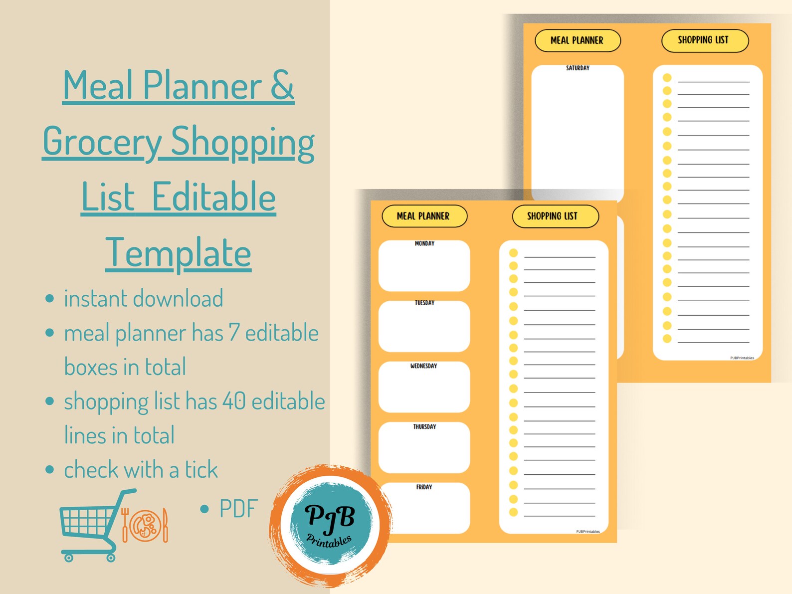 Grocery List Meal Planner Editable Weekly Meal Planner Printable ...