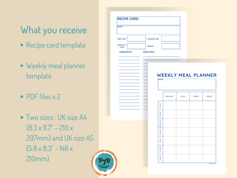 Recipe Card Template Meal Planner for Kitchen Printable Recipe Page ...