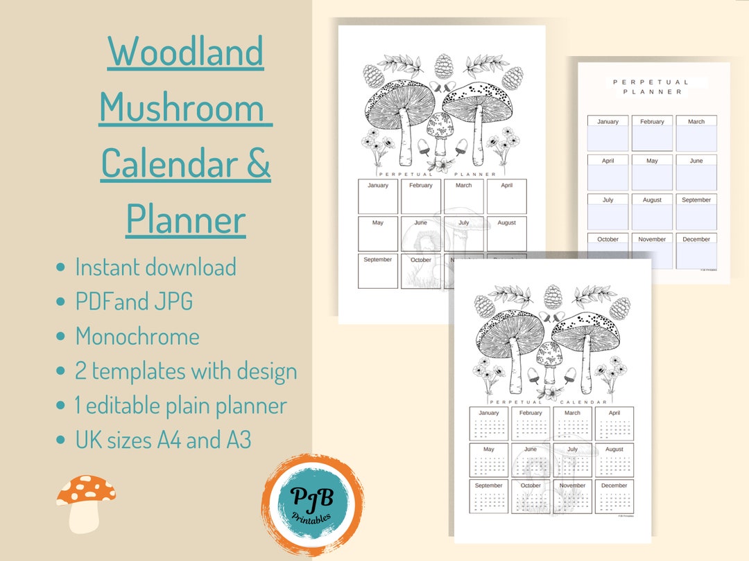 Perpetual Calendar Printable Mushroom Calendar Printable Yearly Planner ...