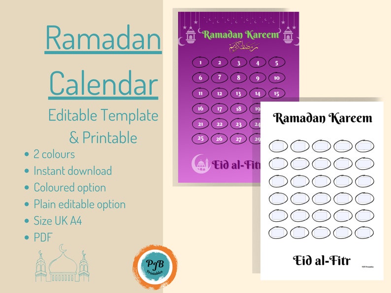 Ramadan Calendar, Editable Calendar, Ramadan Countdown, Eid Kareem ...