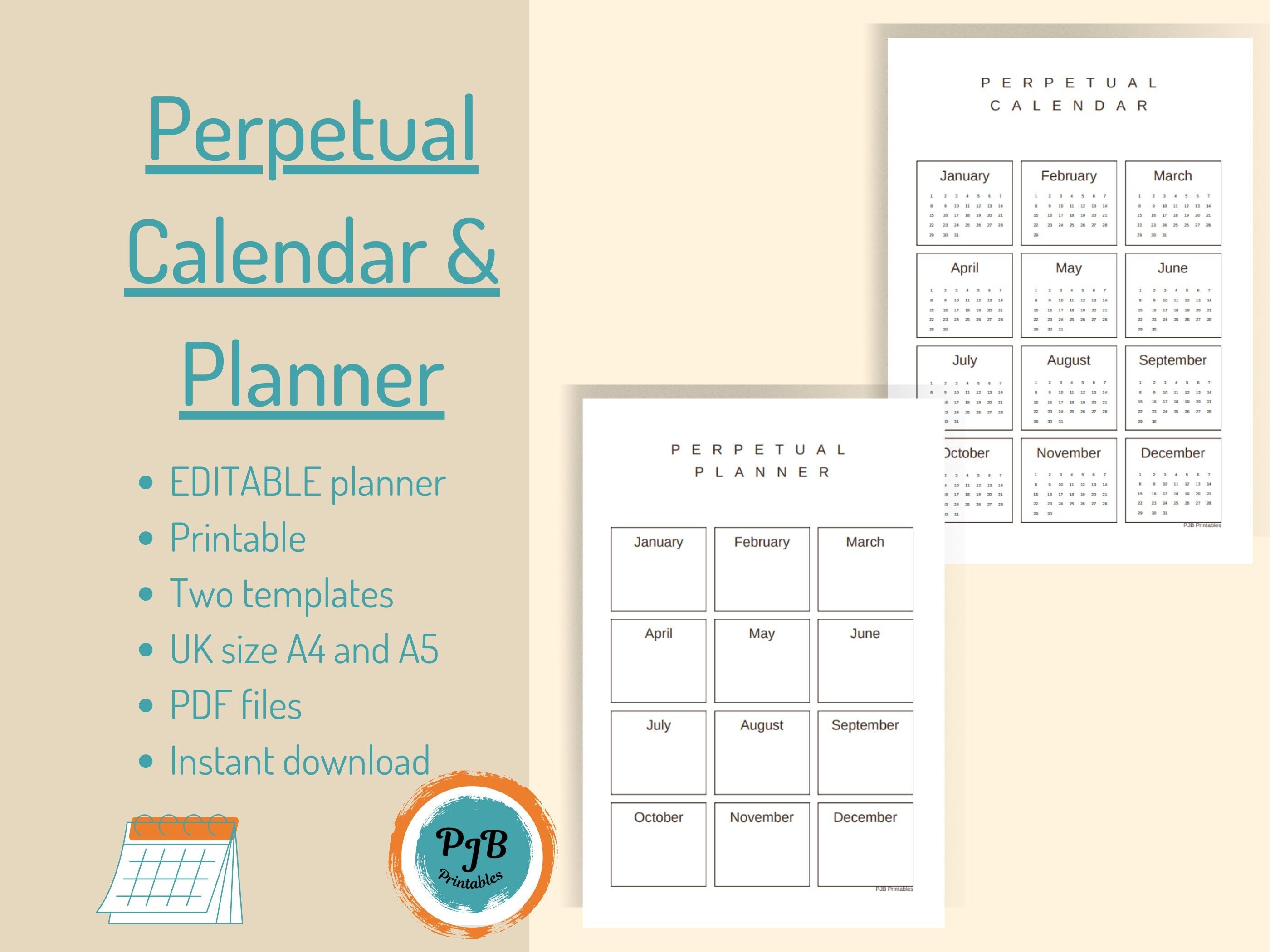 Perpetual Calendar Printable Yearly Planner Editable Calendar Template ...