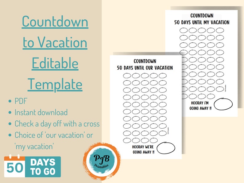 Countdown to Vacation Editable PDF Download Digital Planner Inserts ...