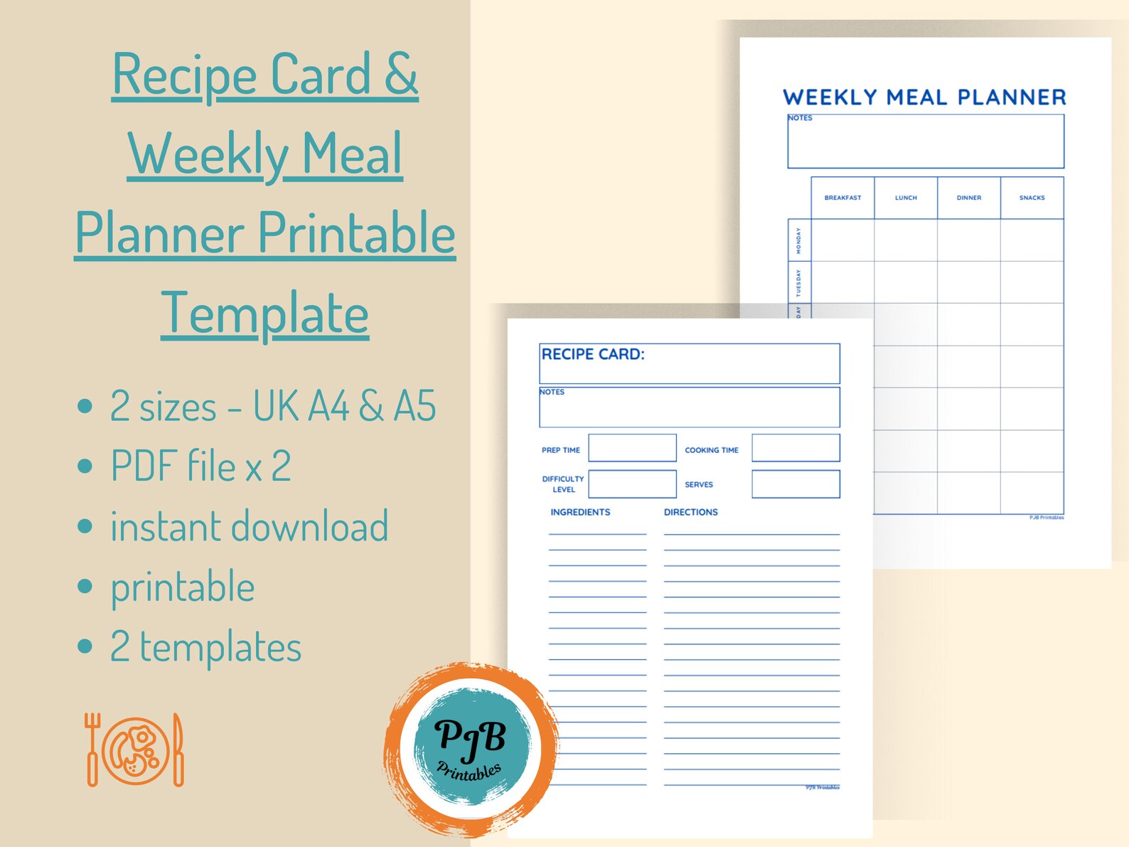 Recipe Card Template Meal Planner for Kitchen Printable Recipe Page ...