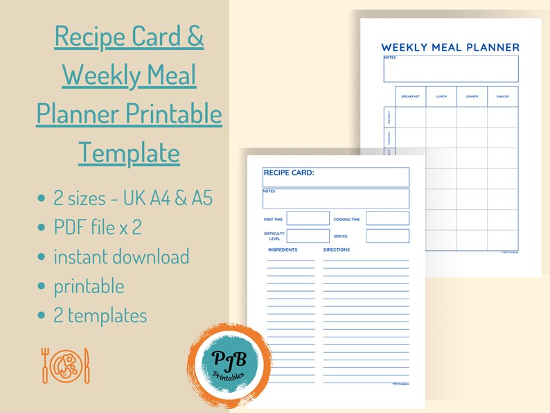 Recipe Card Template Meal Planner for Kitchen Printable Recipe Page ...