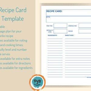 Recipe Card Template Meal Planner for Kitchen Printable Recipe Page ...