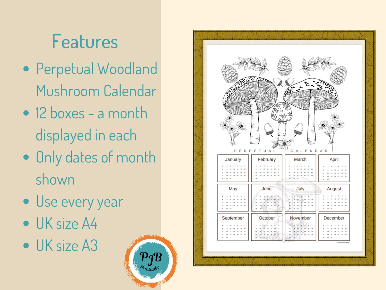 Perpetual Calendar Printable Mushroom Calendar Printable Yearly Planner ...