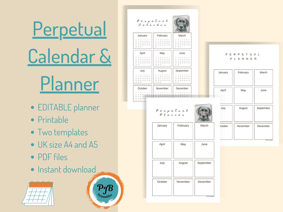 Perpetual Calendar, Labrador, Yearly Planner, Editable Planner Template ...