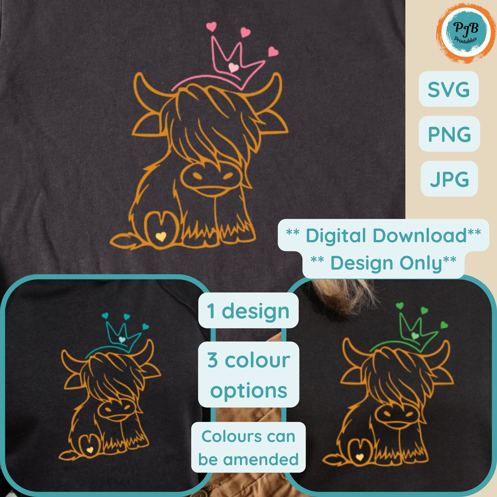 Cute Highland Cow Clipart Cow Crown SVG Cow Hearts Svg Farm Animals Png ...