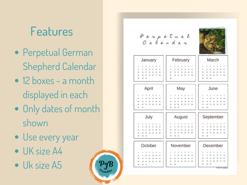 Perpetual Calendar Printable German Shepherd Gift Printable Yearly ...