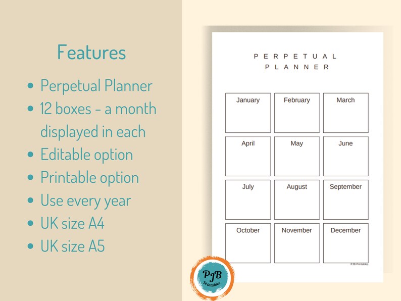 Perpetual Calendar Printable Yearly Planner Editable Calendar Template ...
