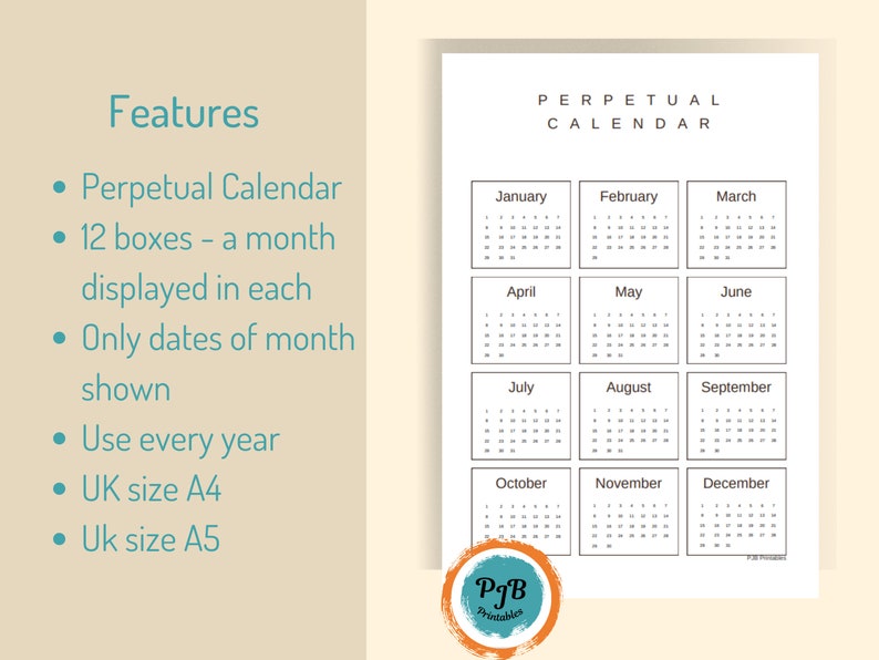 Perpetual Calendar Printable Yearly Planner Editable Calendar Template ...