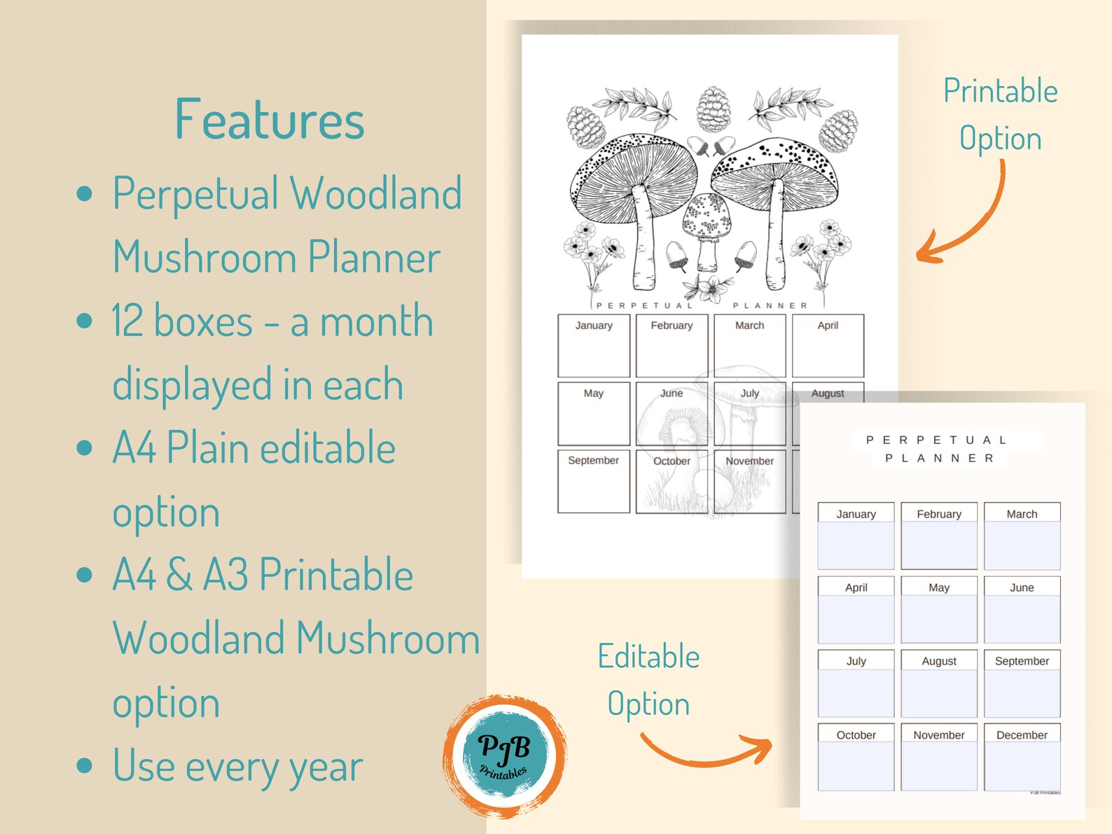 Perpetual Calendar Printable Mushroom Calendar Printable Yearly Planner ...