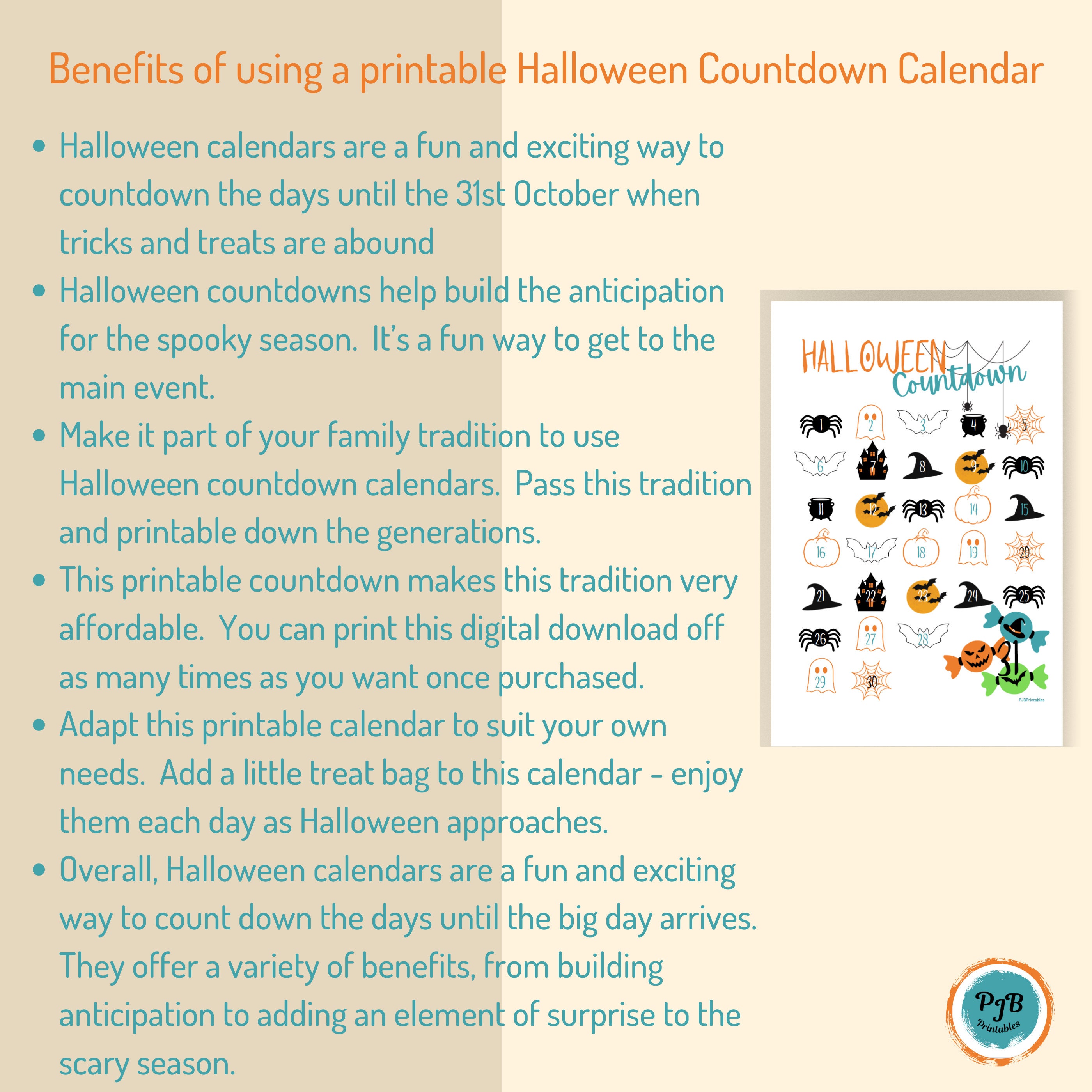 Halloween Countdown Printable Calendar October Halloween Digital ...