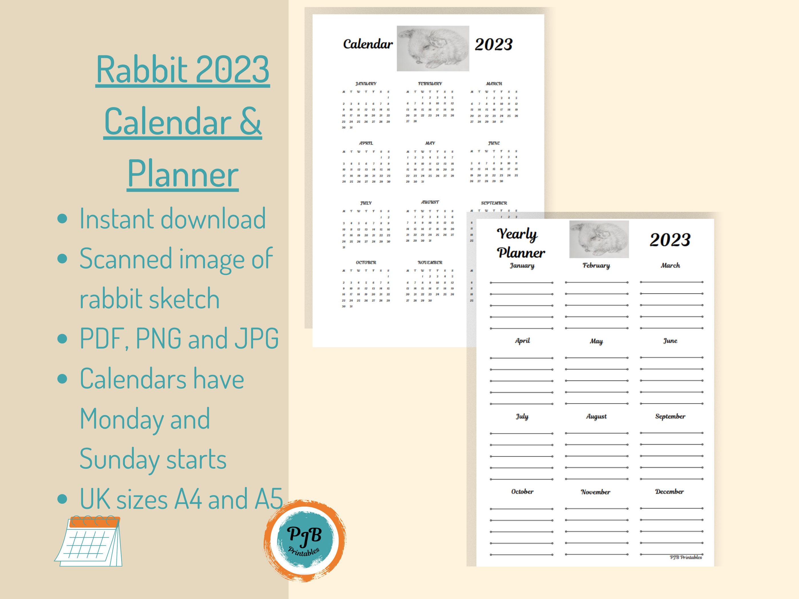 Yearly Planner, Printable Calender, Monthly Planner 2023, Rabbit, Year ...