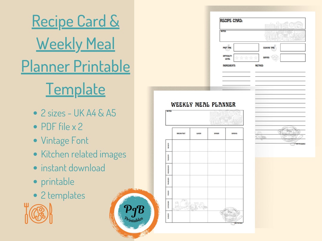 Recipe Template Weekly Meal Planner Printable Recipe Blank Recipe Pages ...