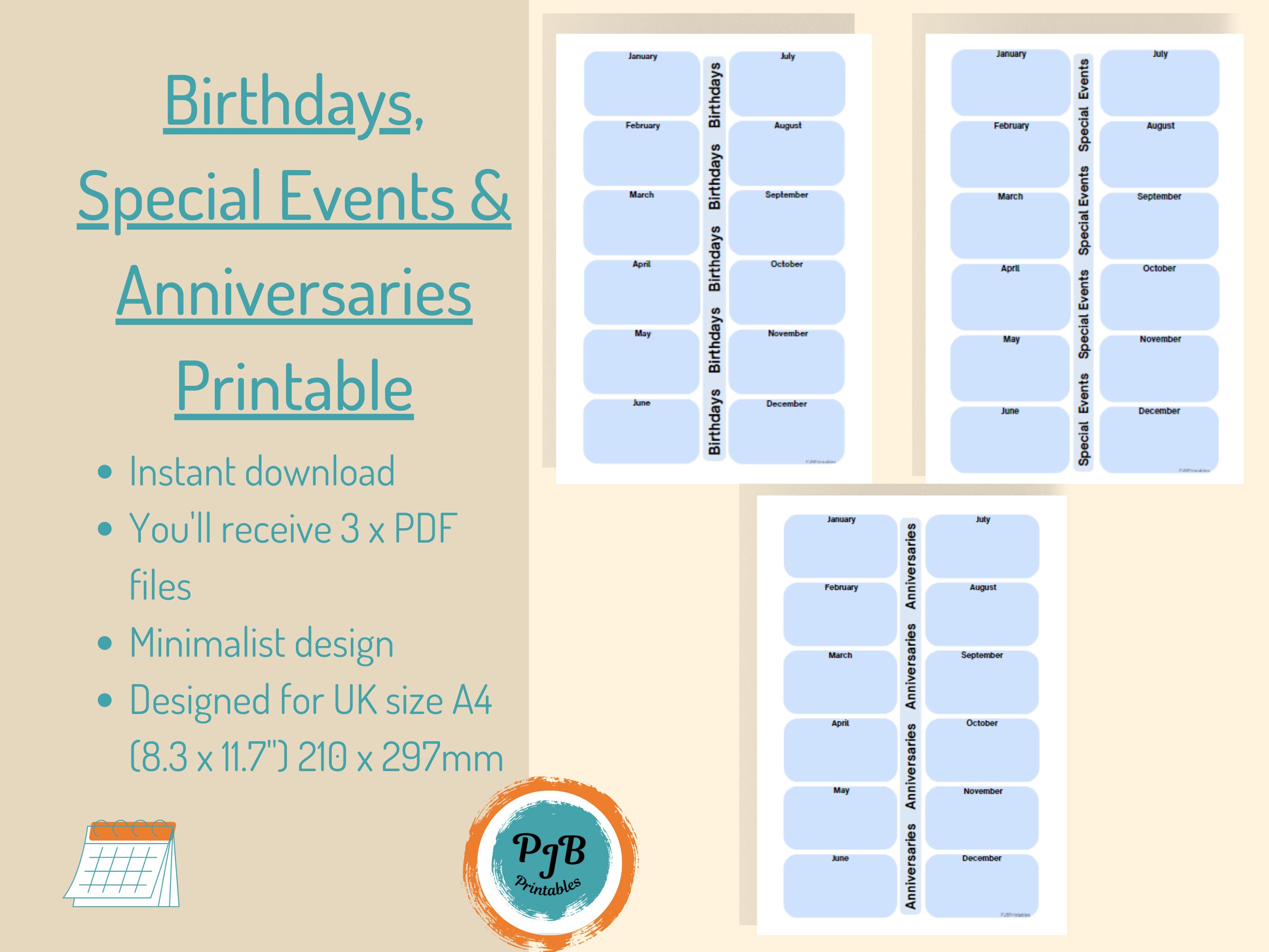 Birthdays Calendar Anniversaries Special Events Calendar Undated ...