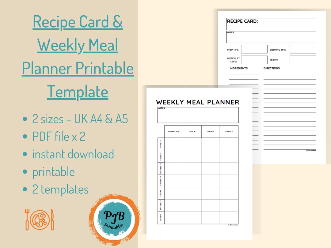 Recipe Template Weekly Meal Planner Ramadan Planner Recipe Card Meal ...