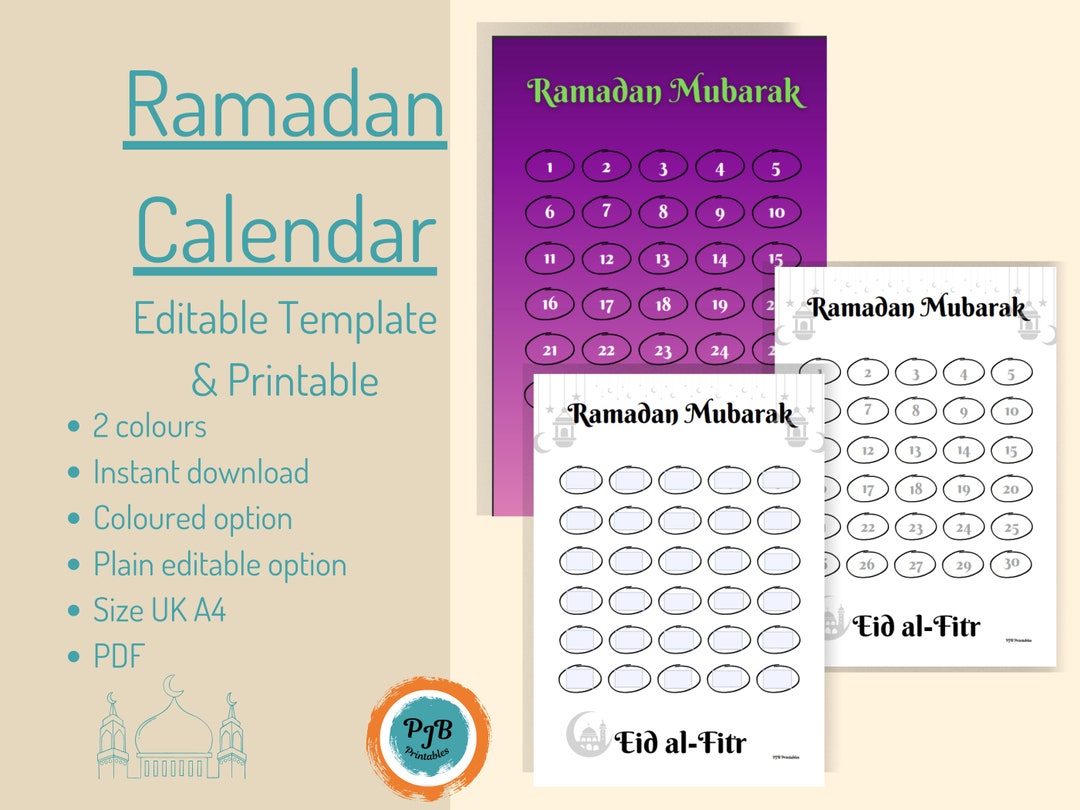 Ramadan Calendar, Editable Calendar, Ramadan Countdown, Eid Mubarak ...