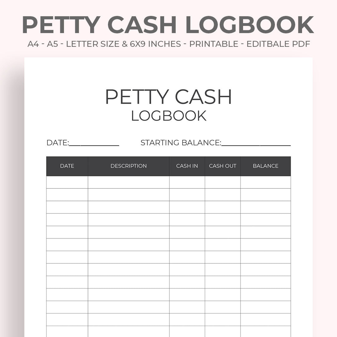 Petty Cash Logbook, Petty Cash Log, Petty Cash Journal, Petty Cash ...