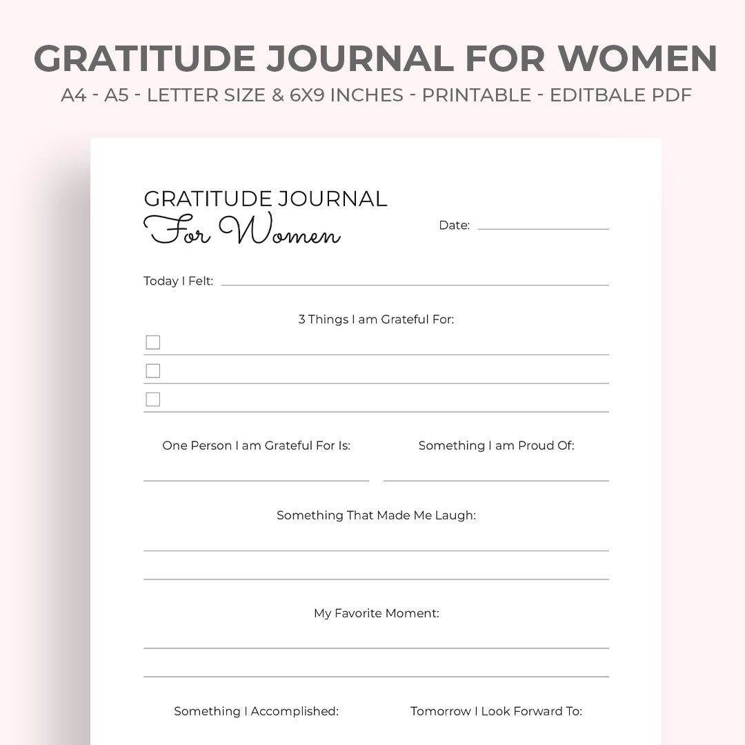 Daily Gratitude Journal for Women, Printable Gratitude Journal for ...