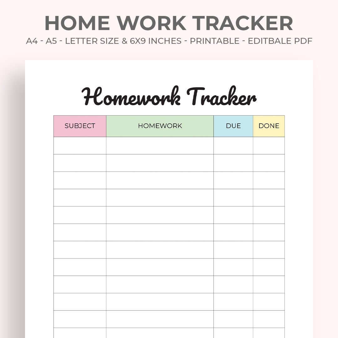 Home Work Tracker, Fillable Homework Planner, Homework Planner ...
