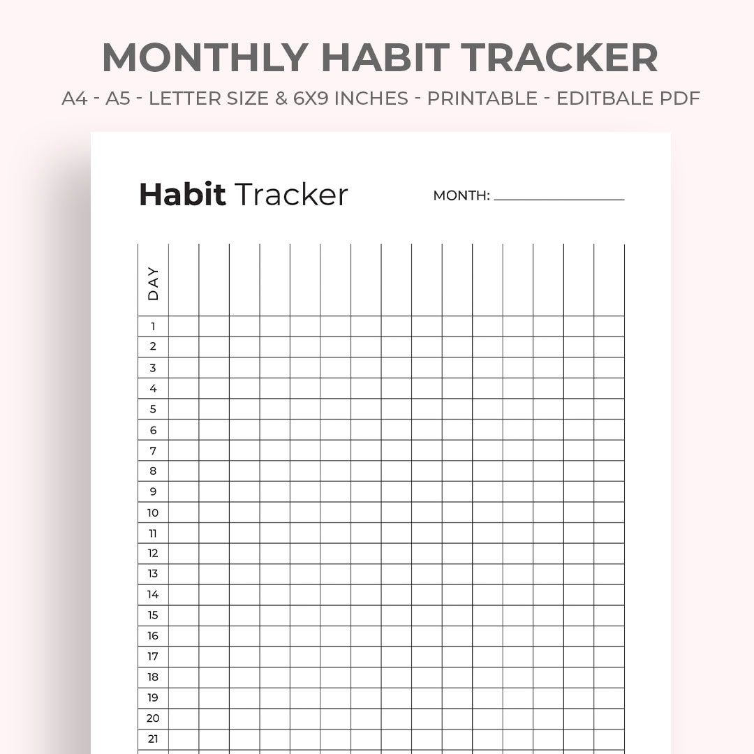 Monthly Habit Tracker Template, Printable Monthly Habit Tracker, 30 Day ...