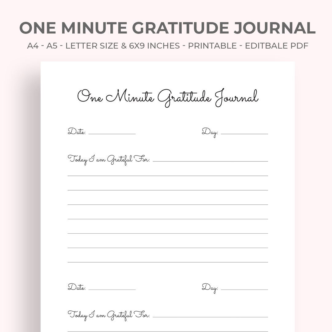 One Minute Gratitude Journal, Printable One Minute Gratitude Journal ...